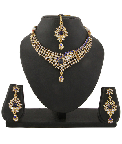 White Adoreva Royal Blue Kundan Necklace Earrings Maang Tika Set For ...