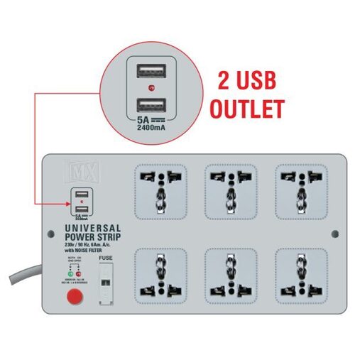 Mx Power Strip With 6 Universal Socket With 2 Usb Outlet For Charging ...