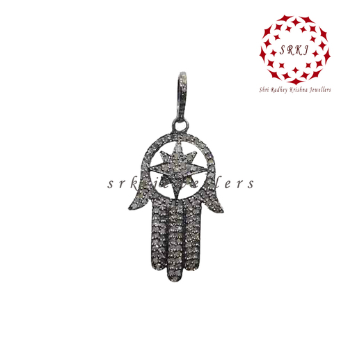 925 Starling Silver Handmade Hamsa Hand With Star Pave Diamond Pendant ...