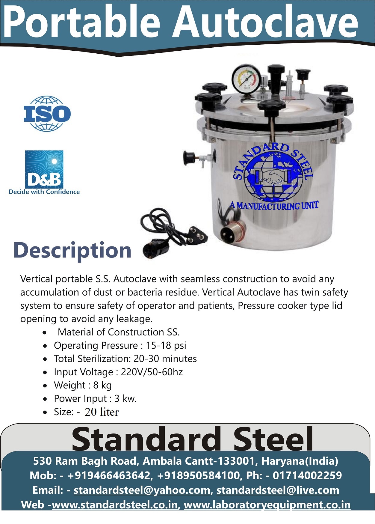 Portable Autoclave Sterilizer at 7500.00 INR in Ambala Cantt, Haryana ...