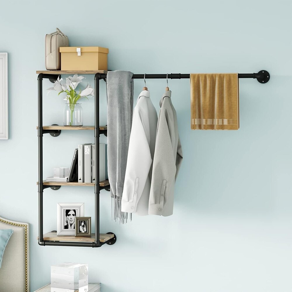 Wall Mounted Pipe Clothing Rack With Shelves, Industrial Clothes Rack ...