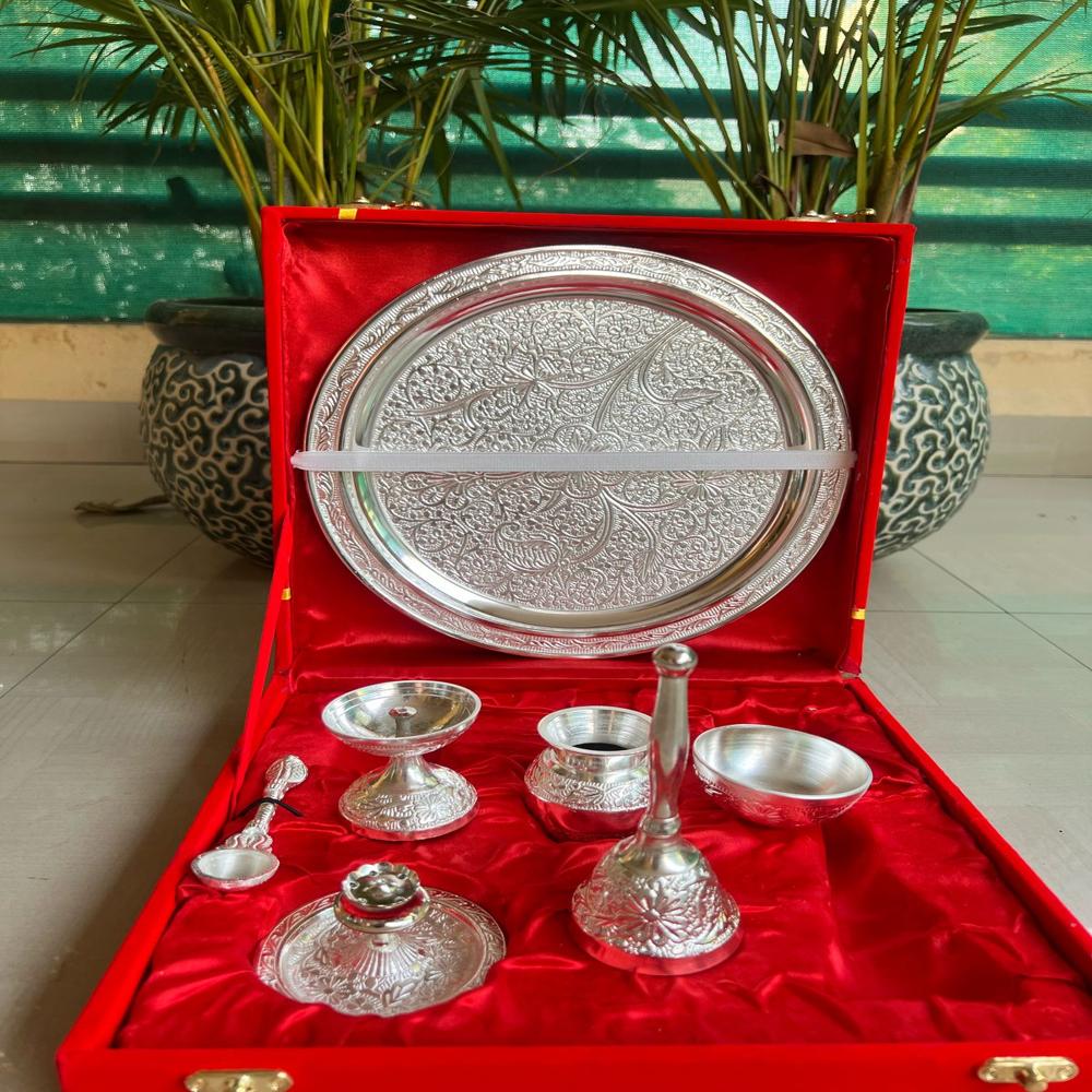 Silvery Shiny Pooja Thali Set With Toppers In Velvet Gift Box at 1200. ...