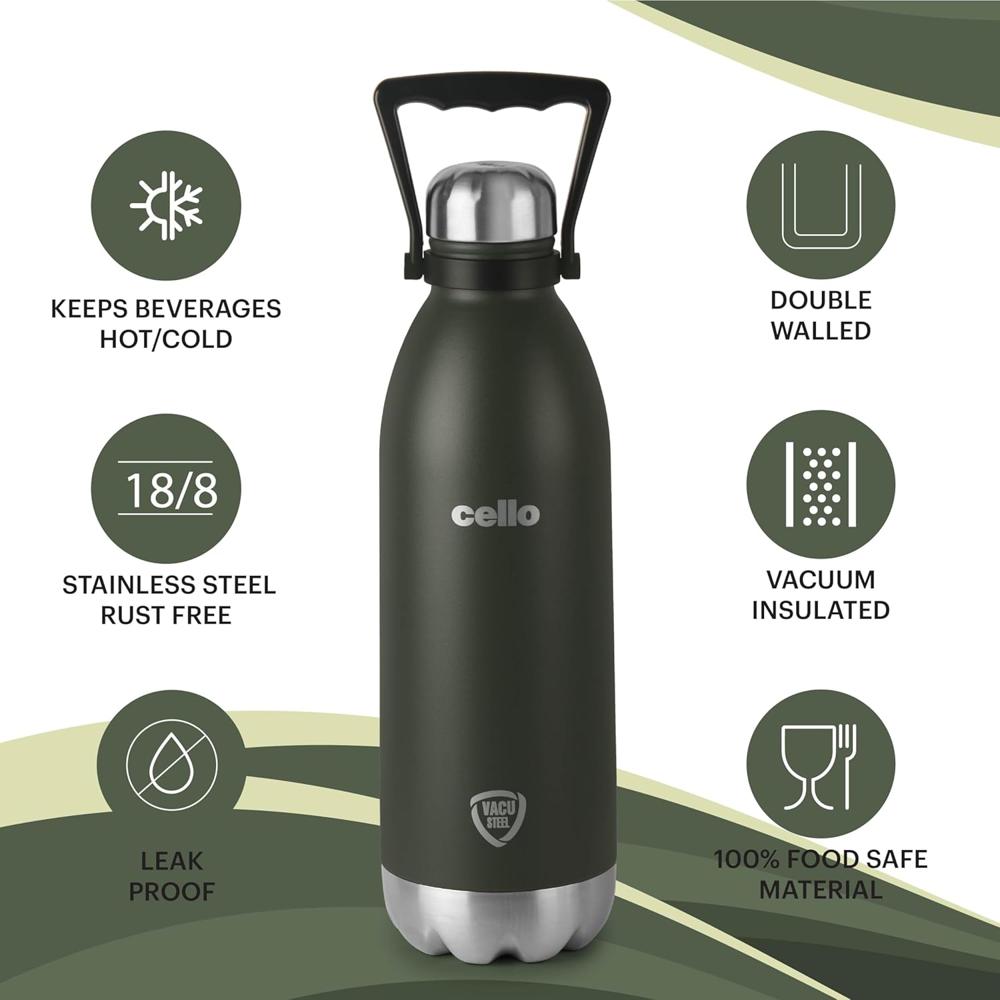 Cello Swift Thermosteel Water Bottle, 1500ml, Green | 24 Hours Hot ...