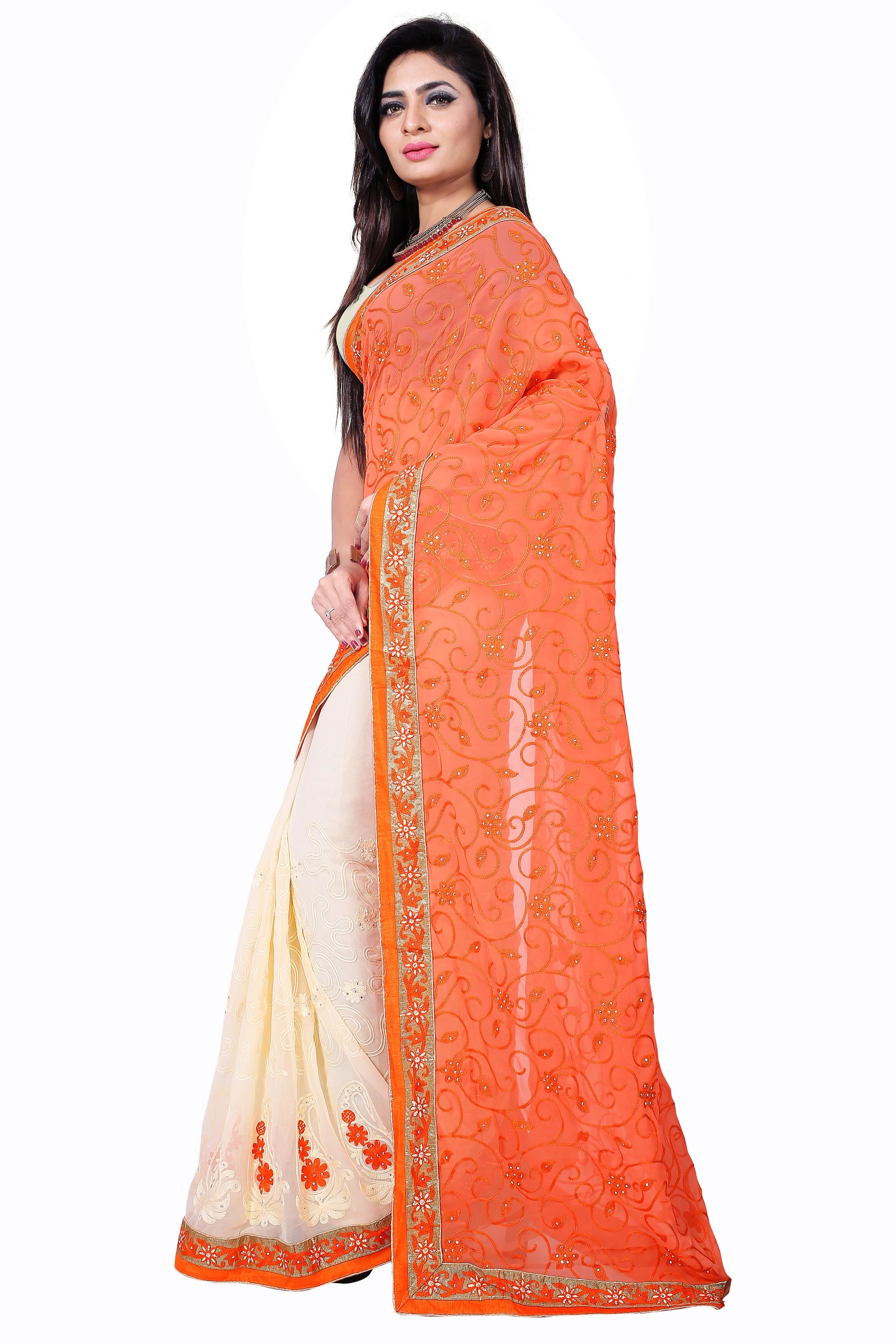 Half-half Saree - Georgette, 5.5m Length, Orange & Beige Colors ...