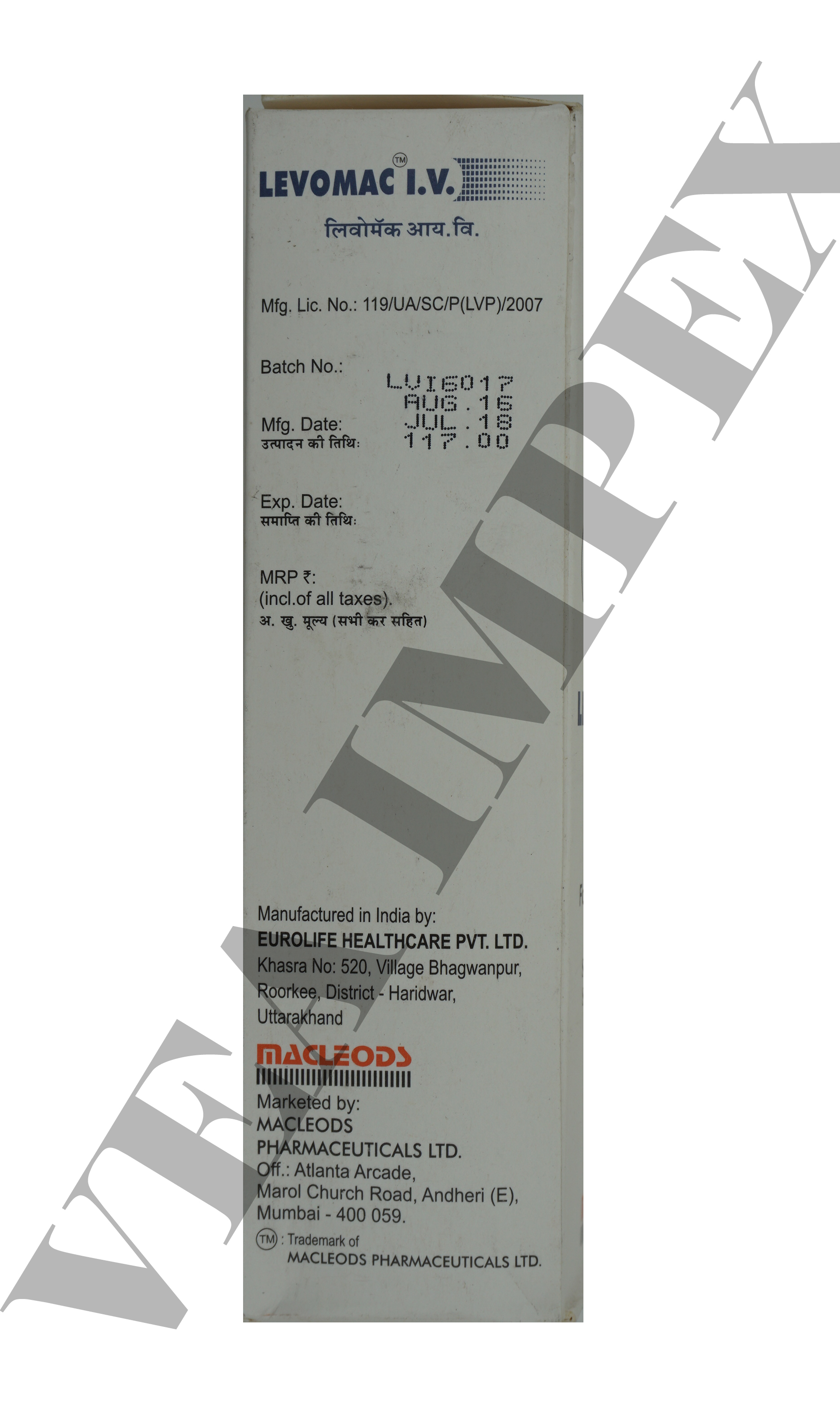 Levomac Iv 500mg - 500mg Injection | Antibacterial, Broad-spectrum ...