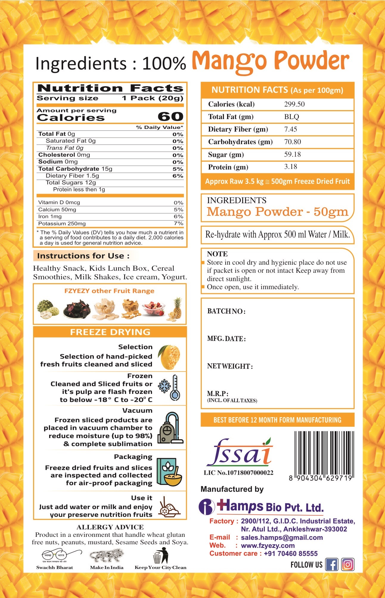 Freeze Dried Mango Powder at 1600.00 INR in Ankleshwar | Hamps Bio Limited