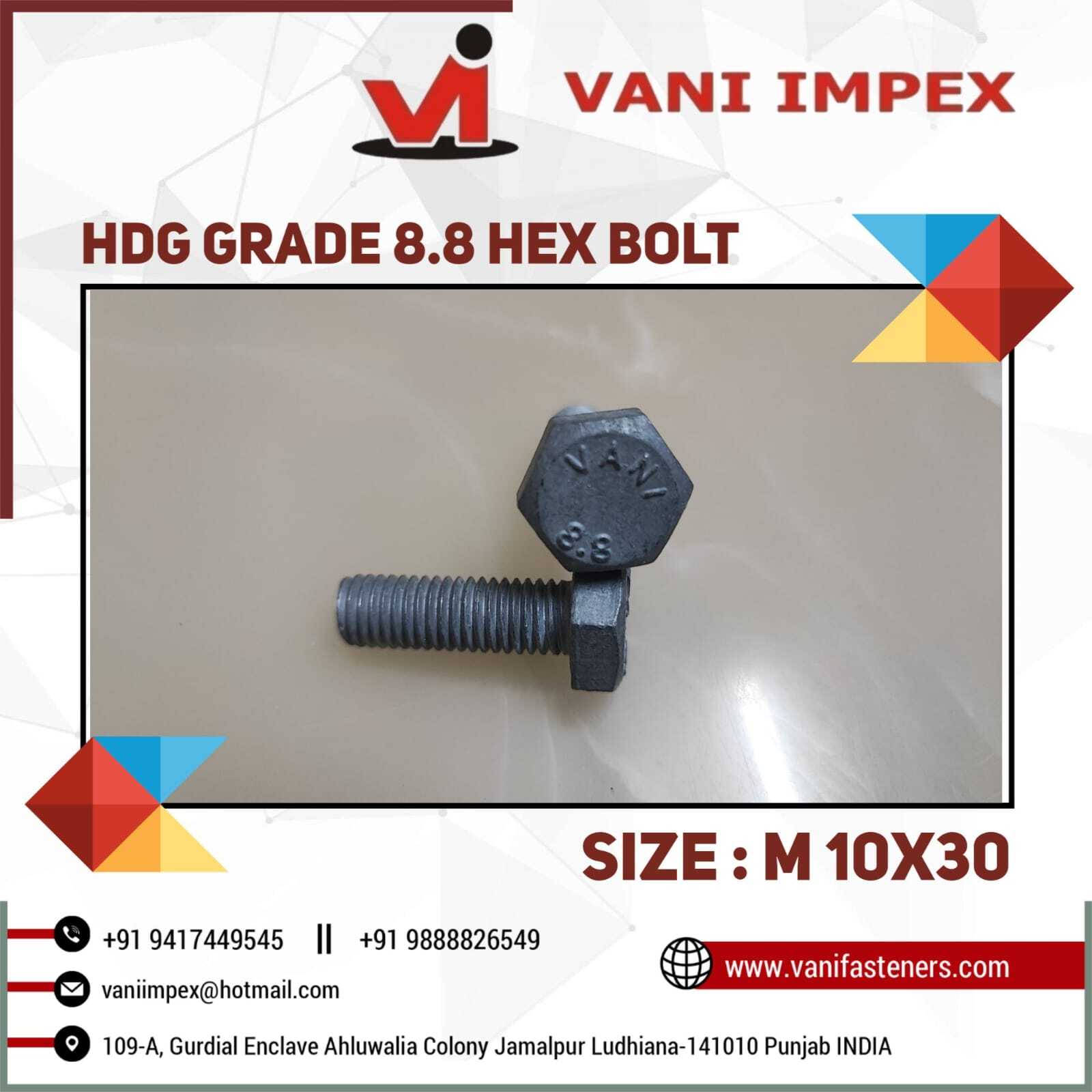 Hdg Hex Bolt Grade 8.8 M 10 Diameter at Best Price in Ludhiana | Vani Impex