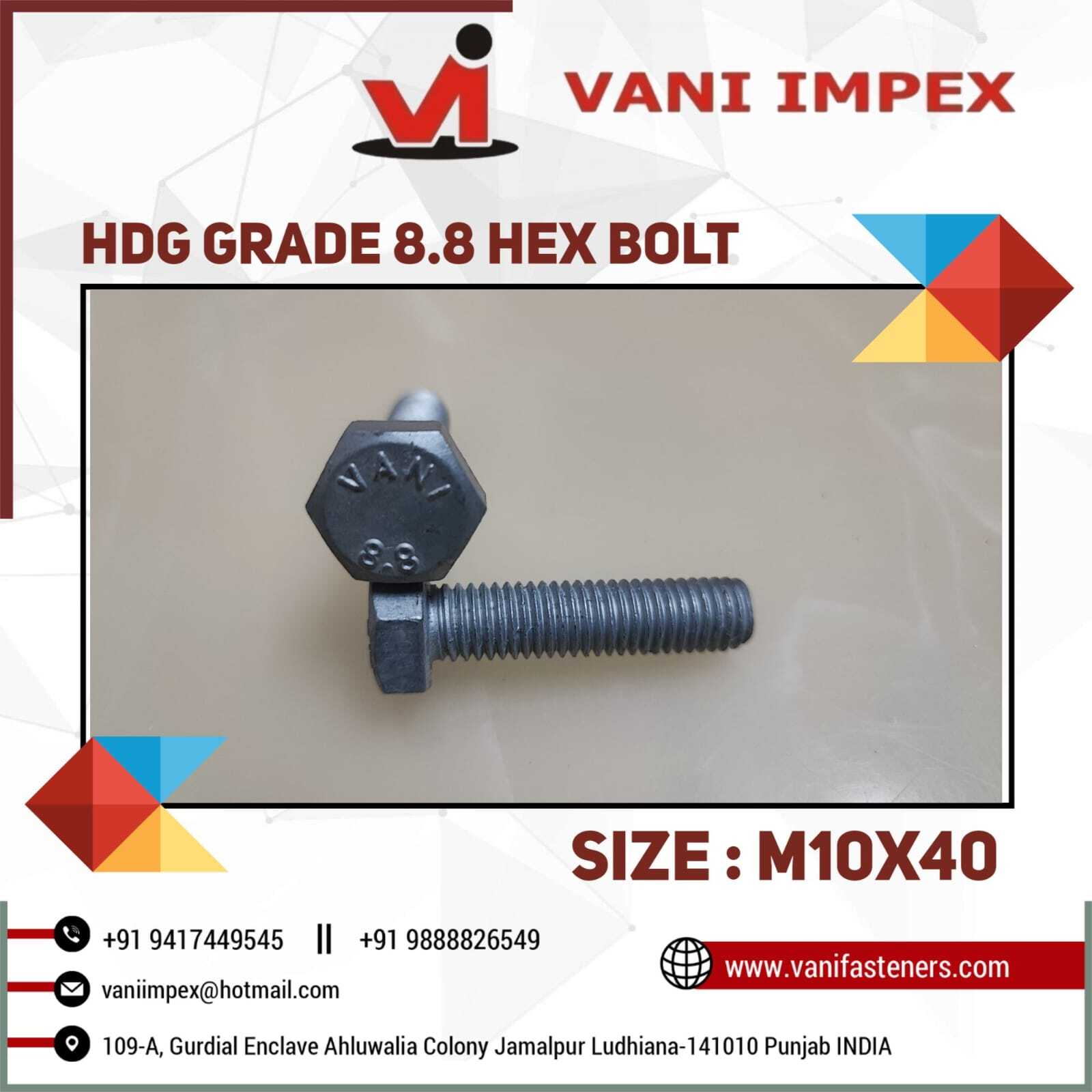 Hdg Hex Bolt Grade 8.8 M 10 Diameter at Best Price in Ludhiana | Vani Impex